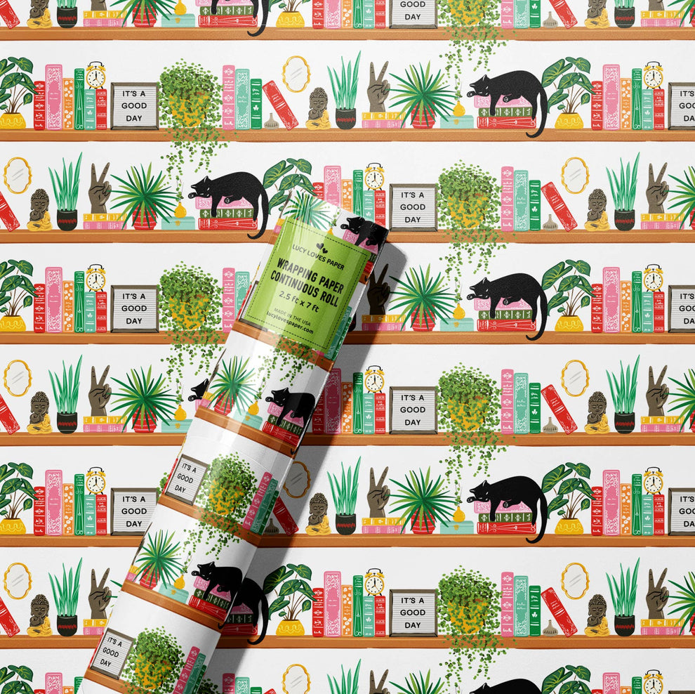 Lucy Loves Paper - Book Shelf Cat | 7ft Continuous Roll Wrapping Paper ...